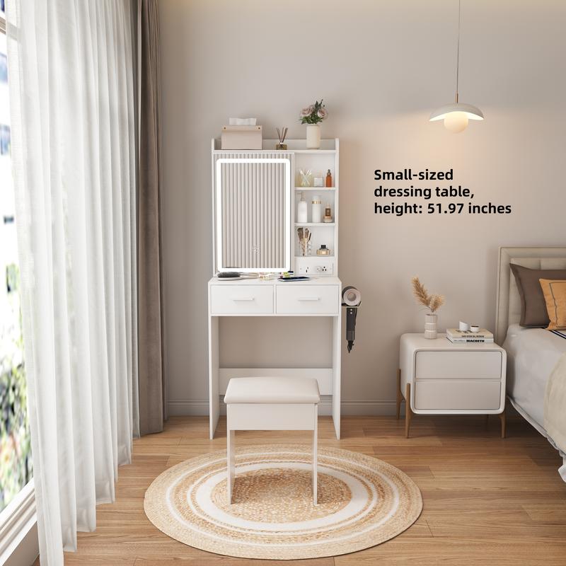 Modern Mini Dressing Table，LED-lit Mirror & Hidden Storage,Padded Stool ...