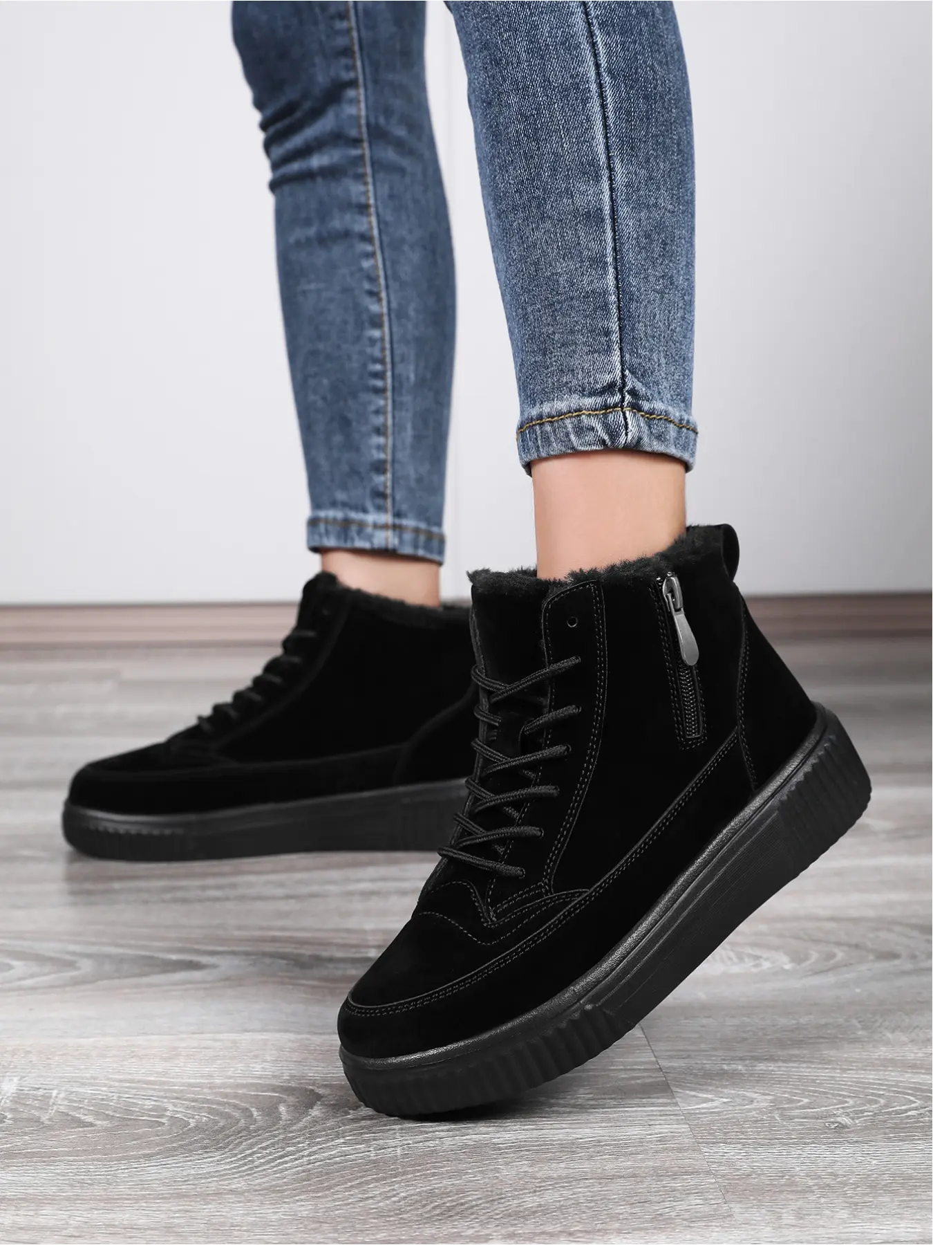 Stylish Women's All-Black Suede Fleece-Lined Snow Boots Lace Up Boot ...