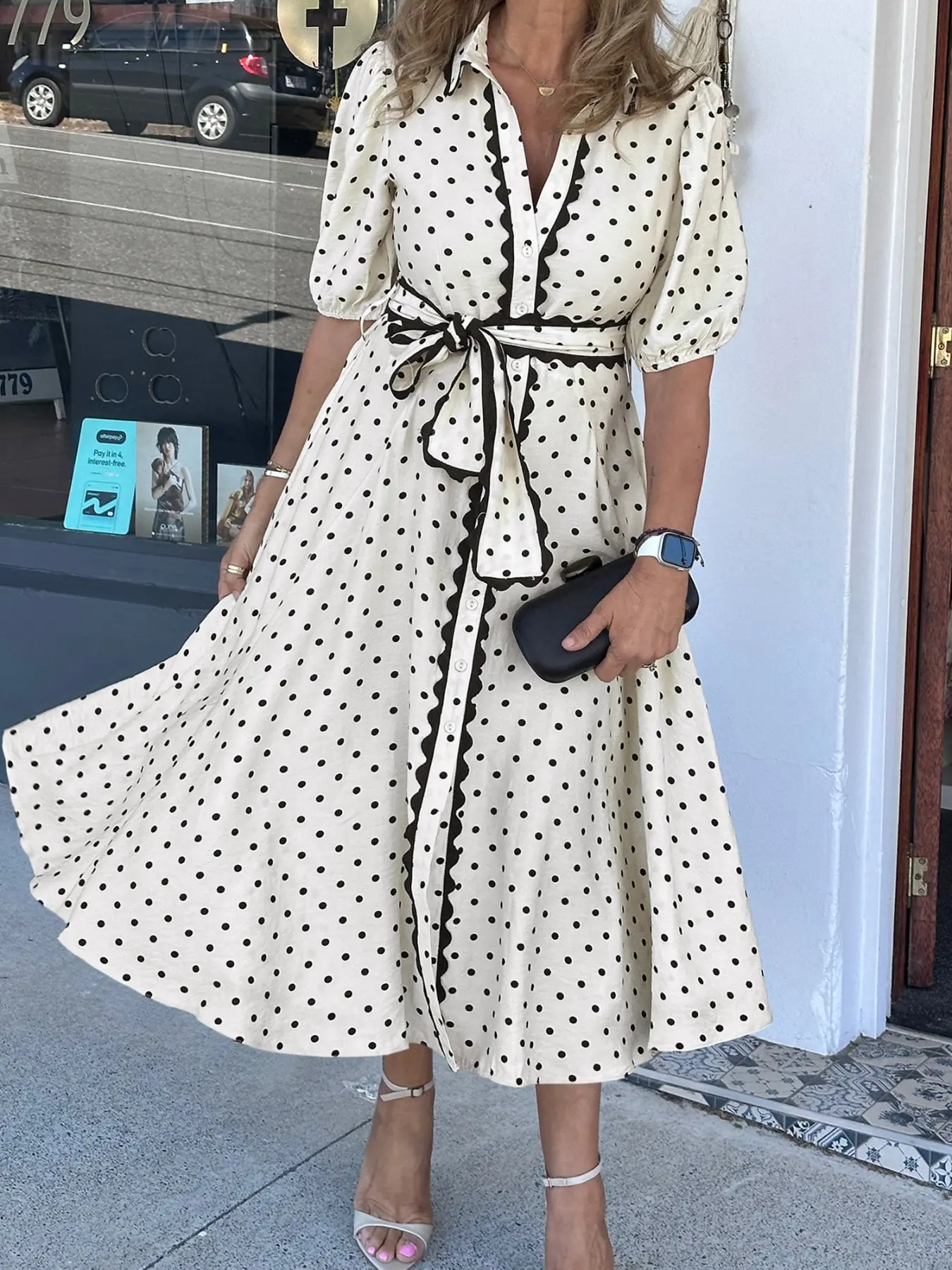 Summer Casual Polka Dot Print Color Block Wave Hem Lapel Tie Waist Long ...