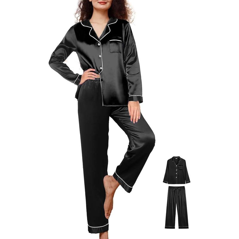 Womens Satin Pajamas Set 2Pcs Silk Pajama Long Sets XS-3XL Silky Long ...