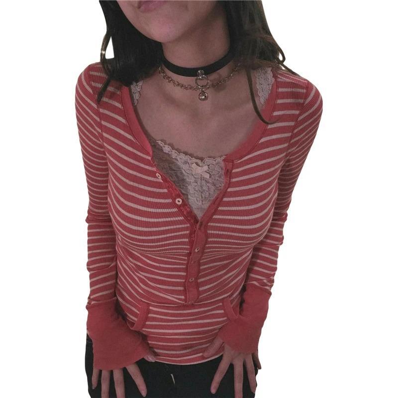 2000s Vintage Grunge Emo Striped V Neck Long Sleeve T-Shirt - TikTok Shop