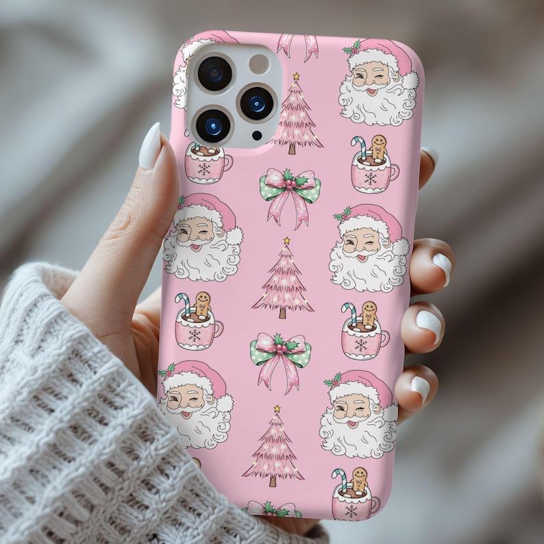 Pink Christmas Phone Case – Cute Santa, Gingerbread, Tree & Bow Holiday ...