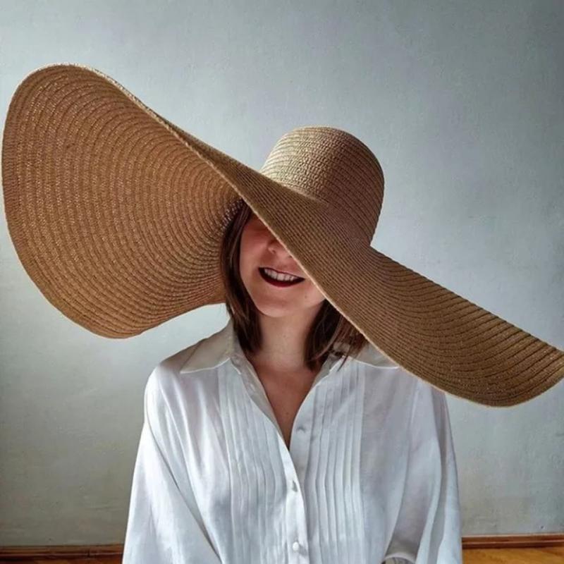 Super Large Brim Straw Hat Women's Foldable Vacation Beach 28-inch Sun ...