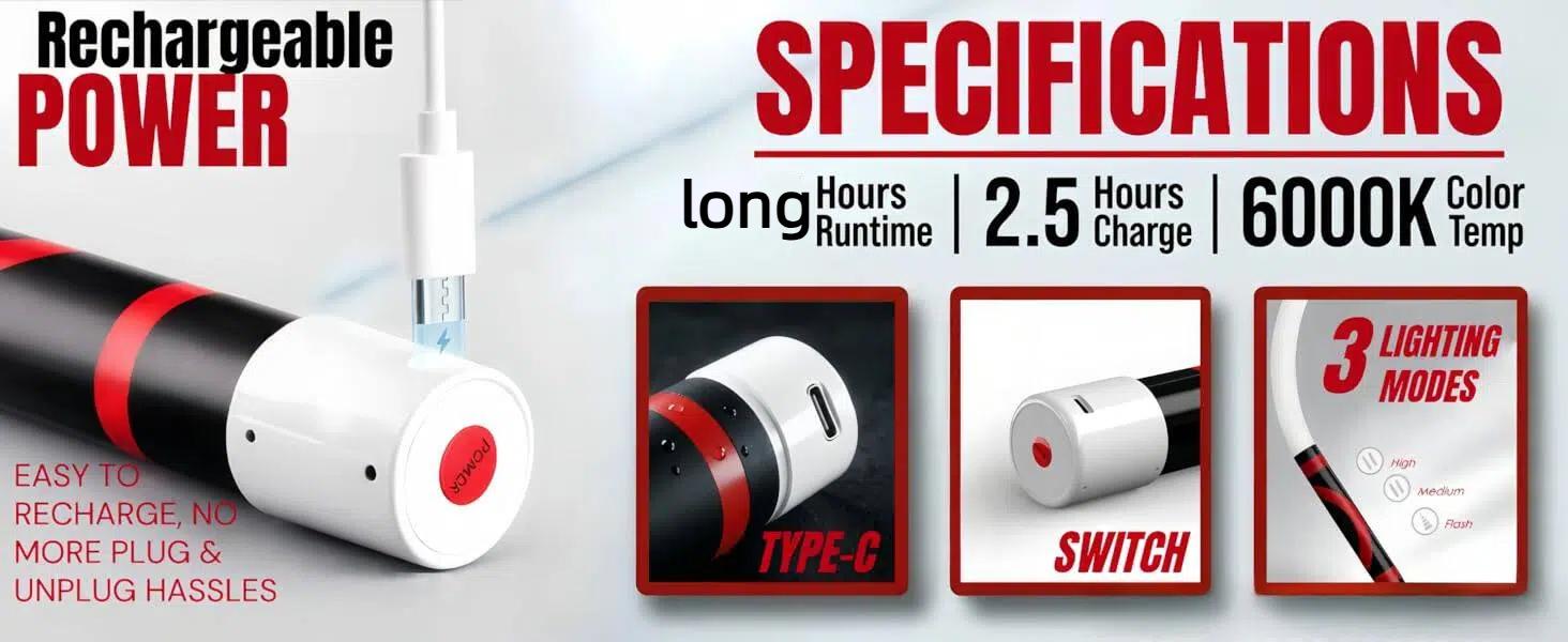 30-in Flexible Rechargeable LED Light Stick, Bendable High-Lumen Work ...