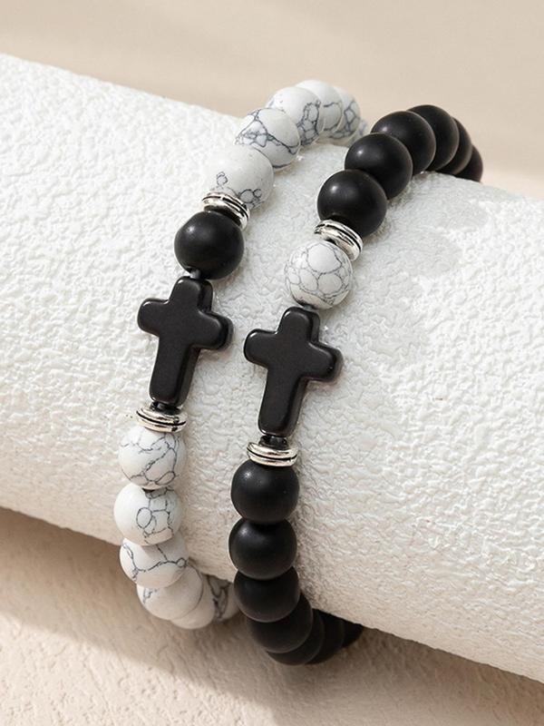Street Trend Beaded & Cross Charm Bracelets for Couple, 2pcs/set Trendy ...