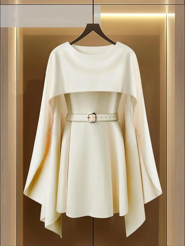 Women's Plain Round Neck Split Hem Dress with Belt, Elegant Fashion ...