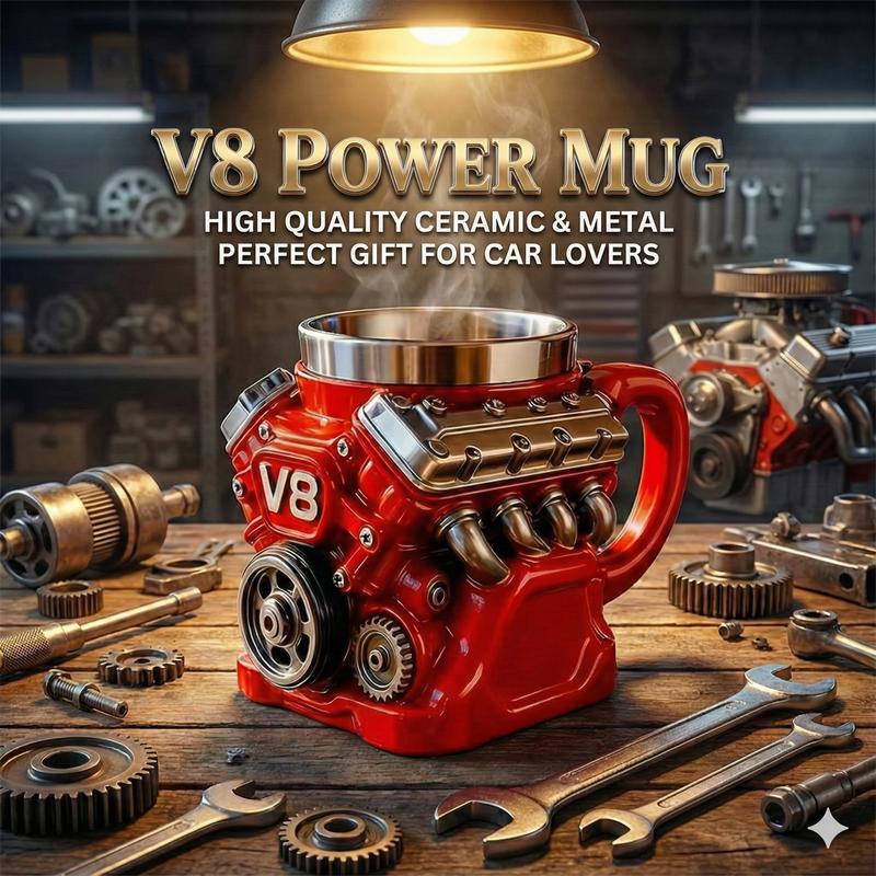 Engine-themed coffee mug, a retro-styled, realistic V8 engine stainless ...