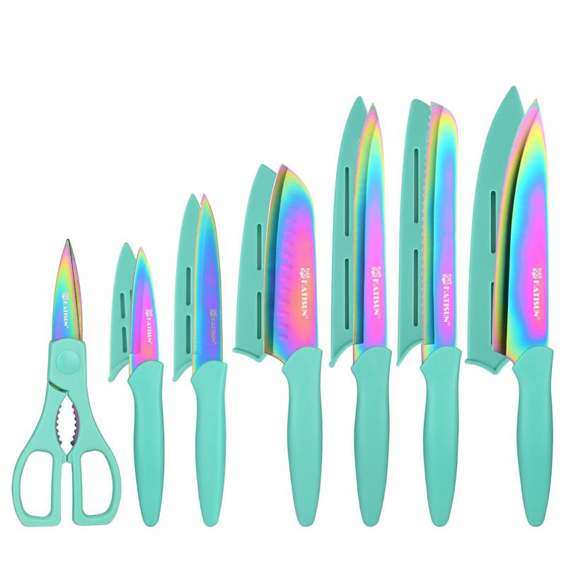 7 Pieces Rainbow Kitchen Knife Set with Guards, Colorful Titanium ...