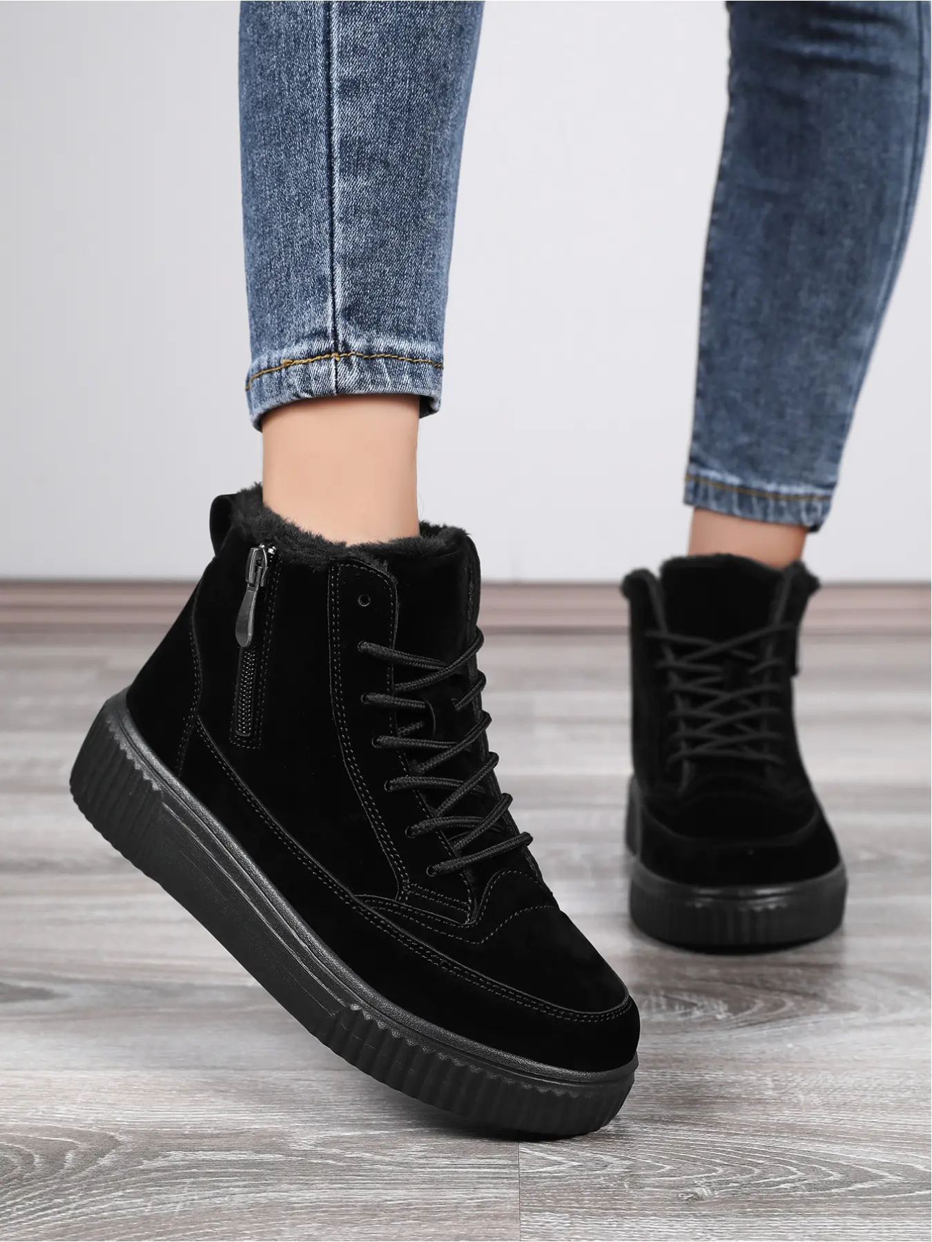 Stylish Women's All-Black Suede Fleece-Lined Snow Boots Lace Up Boot ...