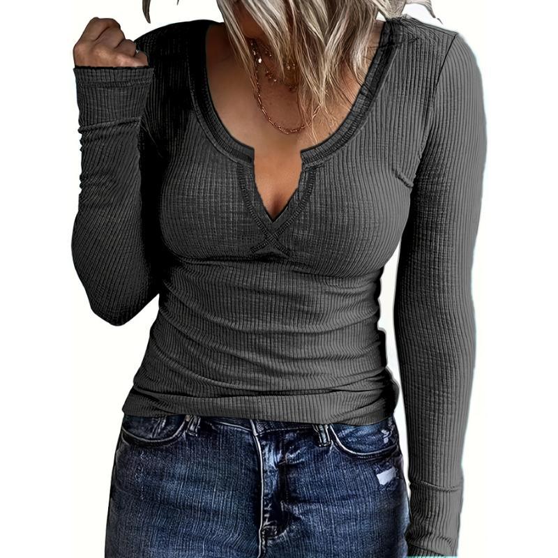 shirts women Solid Notch Neck T-Shirt, Casual Long Sleeve Top For ...