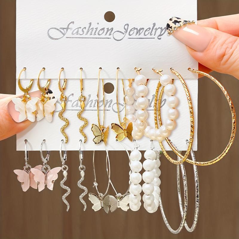 10 Pairs Set Of Hoop Earrings Snake Butterfly Imitation Pearl Design ...