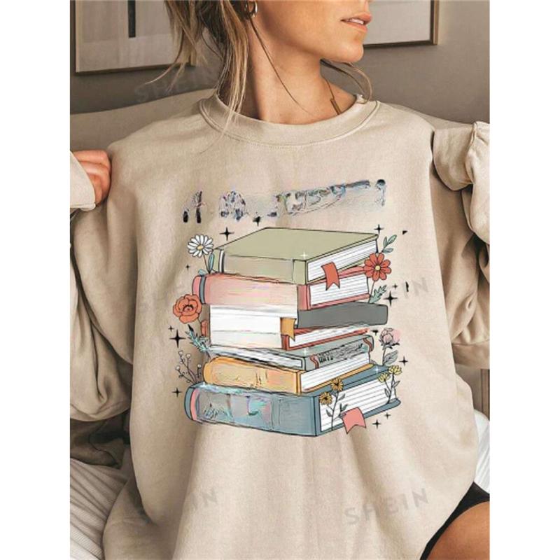 【Plus Size】 Letter & Book Print Drop Shoulder Sweatshirt, Casual Long ...