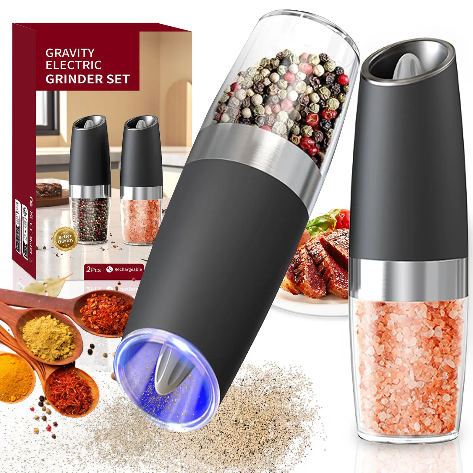Electric Salt & Pepper Grinder Set – 2-Pack Automatic Kitchen Grinder ...