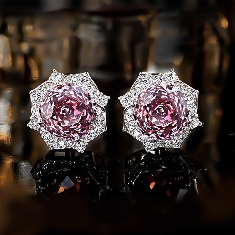 SSS Rose Pink diamond flower earrings set sapphire gemstone inlaid cut ...