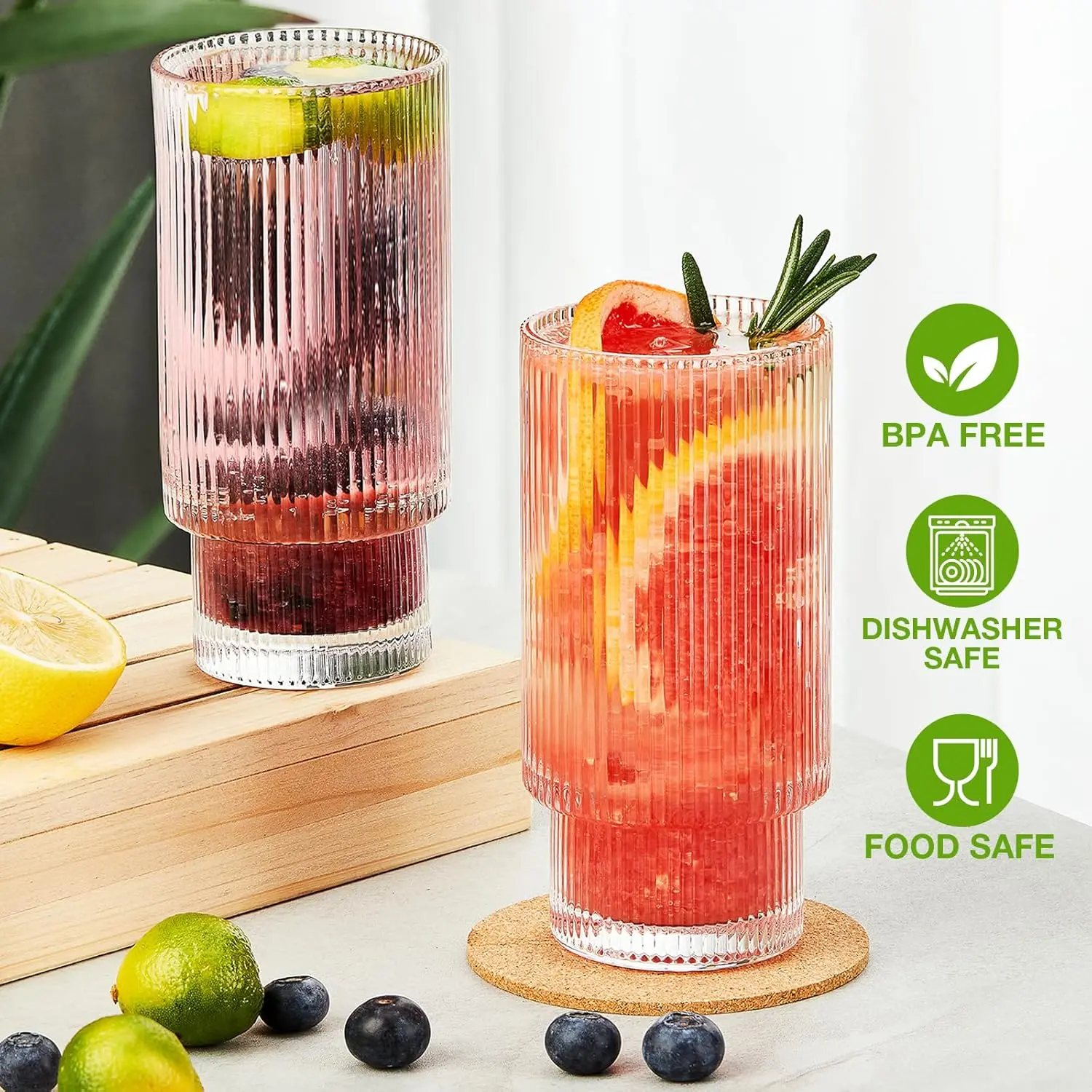 Ribbed Drinking Glasses Set of 6, 16 oz Vintage Glass Cups, Highball ...