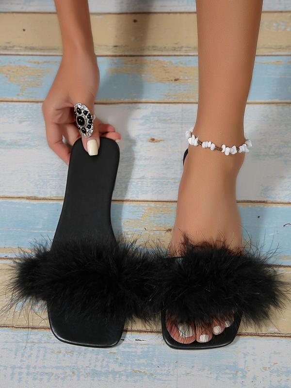 Women's Summer 2024 Solid Color Faux Fur Slide Sandals, Fashionable ...