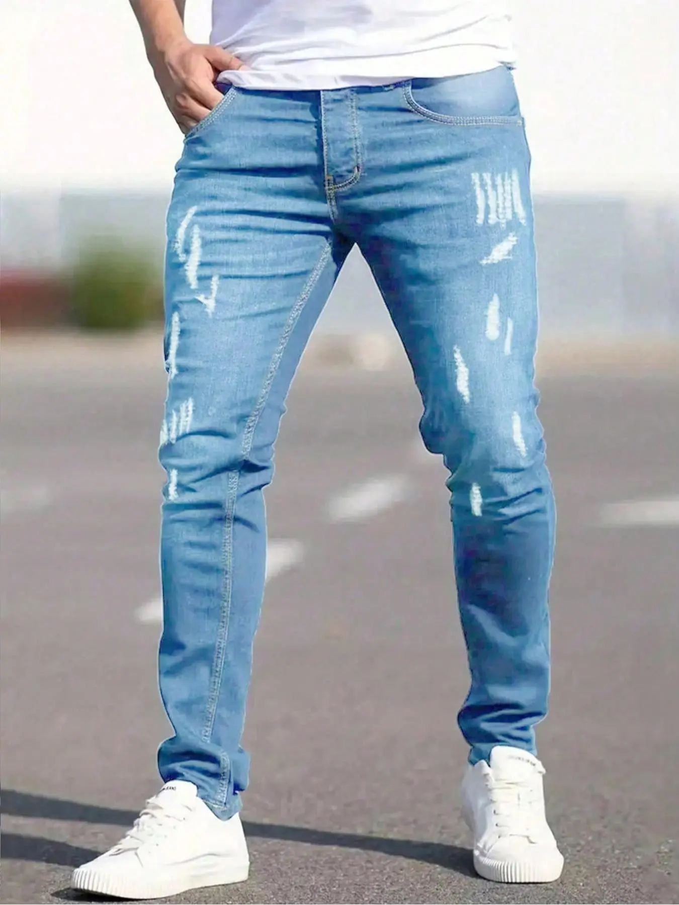 Men's Light Blue Ripped Fitted Stretch Denim Jeans, Casual Street Style ...