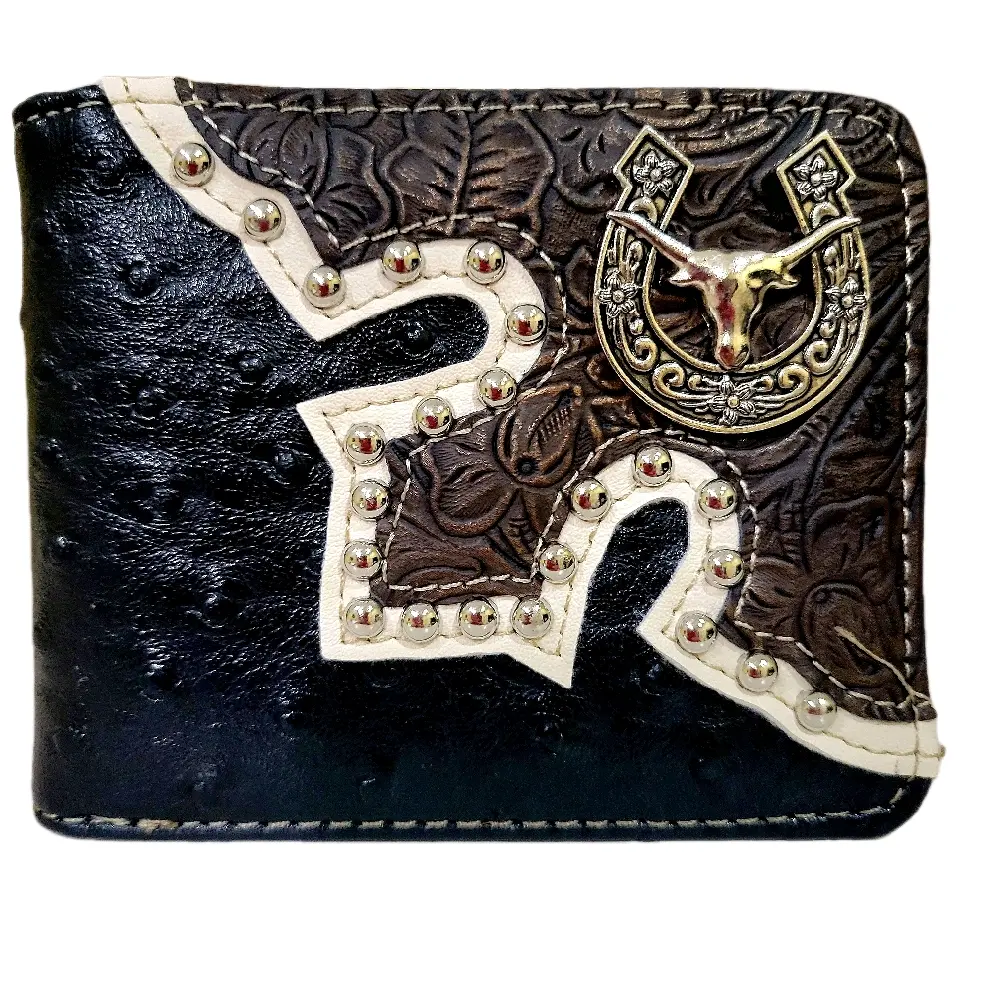 Longhorn horseshoe Western wallet Ostrich pattern short bi-fold faux ...