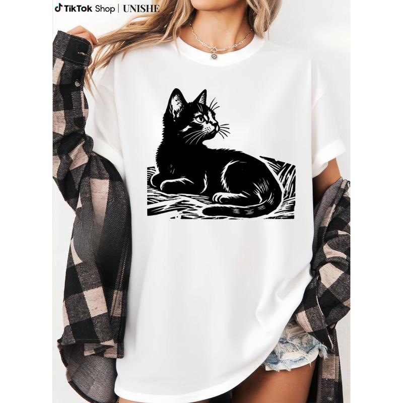 Casual White Tee with Artistic Black Cat Lying Illustration - TikTok Shop