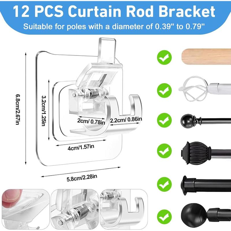 12PCS No Drill Curtain Rod Brackets Self Adhesive Curtain Rod Holder No ...