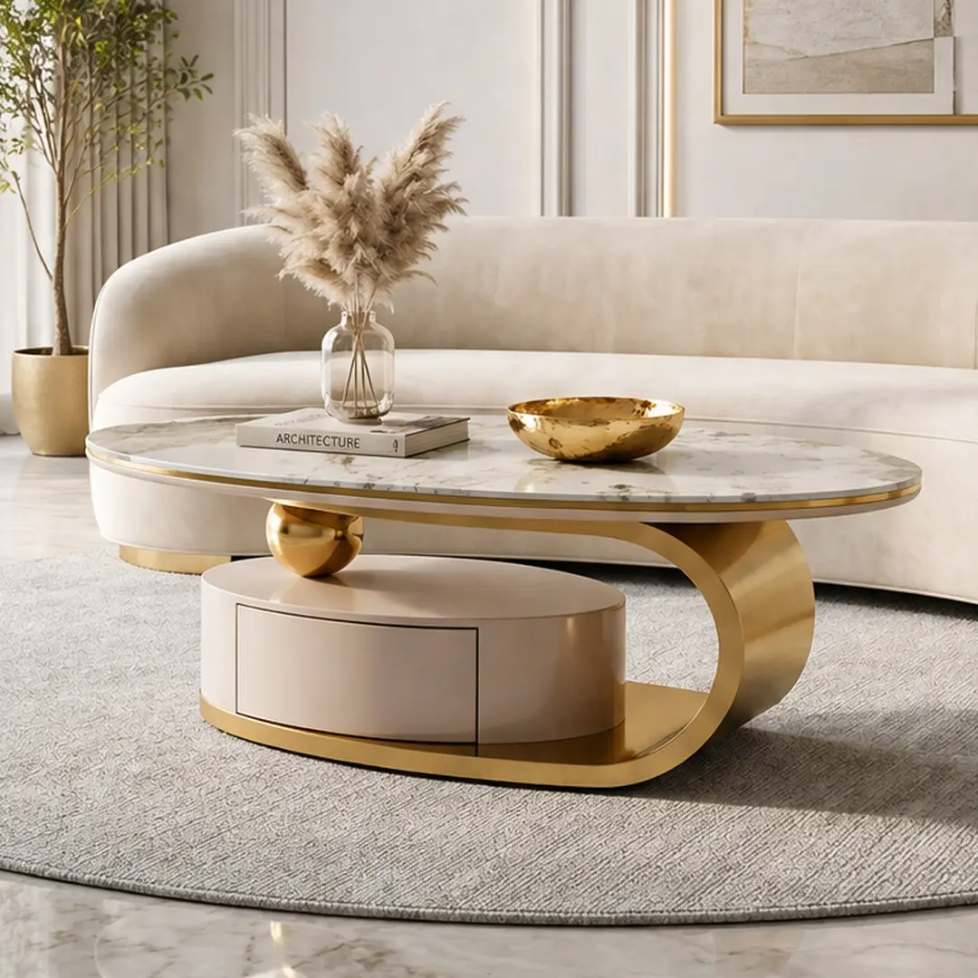 ARCH 51.18" Oval Coffee Table with Drawer, Print Glass Top, Brushed ...