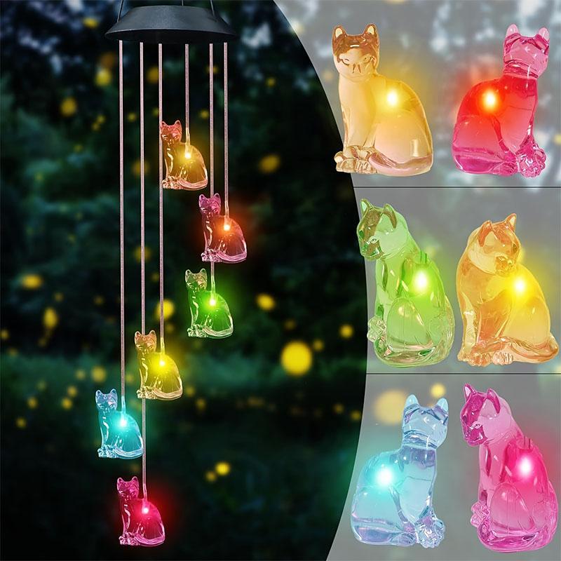 Solar Powered LED Cat Wind Chime Light, 6 Colorful Illuminated Plastic ...