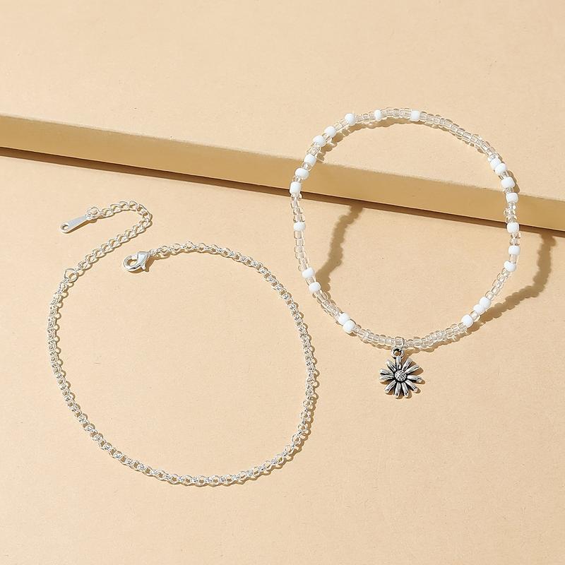 Colorless Anklet Set of 2 with Flower-Shaped Pendant, Adjustable Hollow ...
