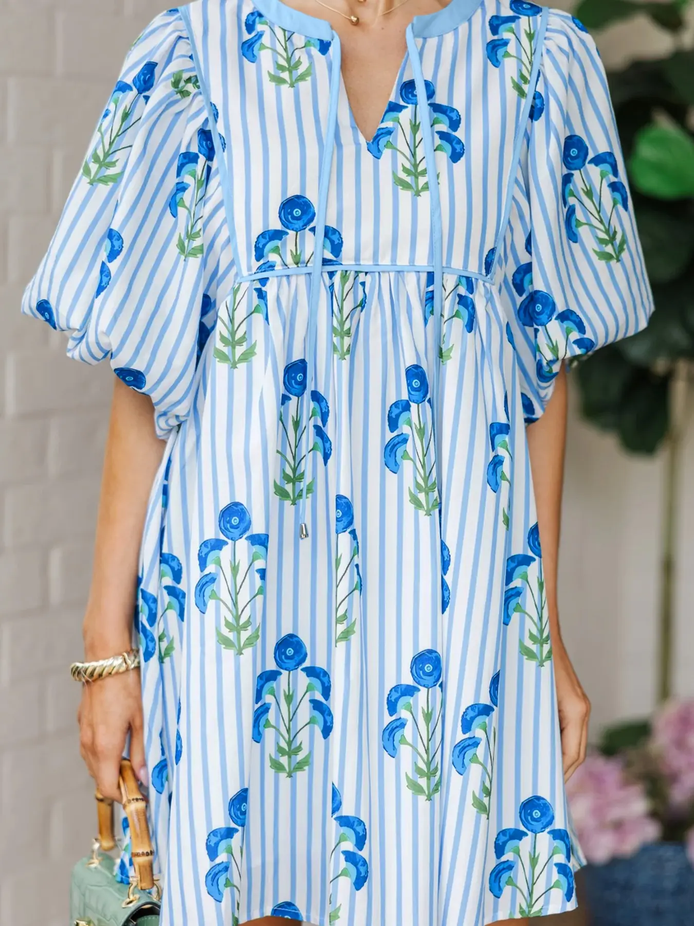 Summer Casual Boho Floral Striped Print Bow Tie V Neck Bubble Sleeve ...