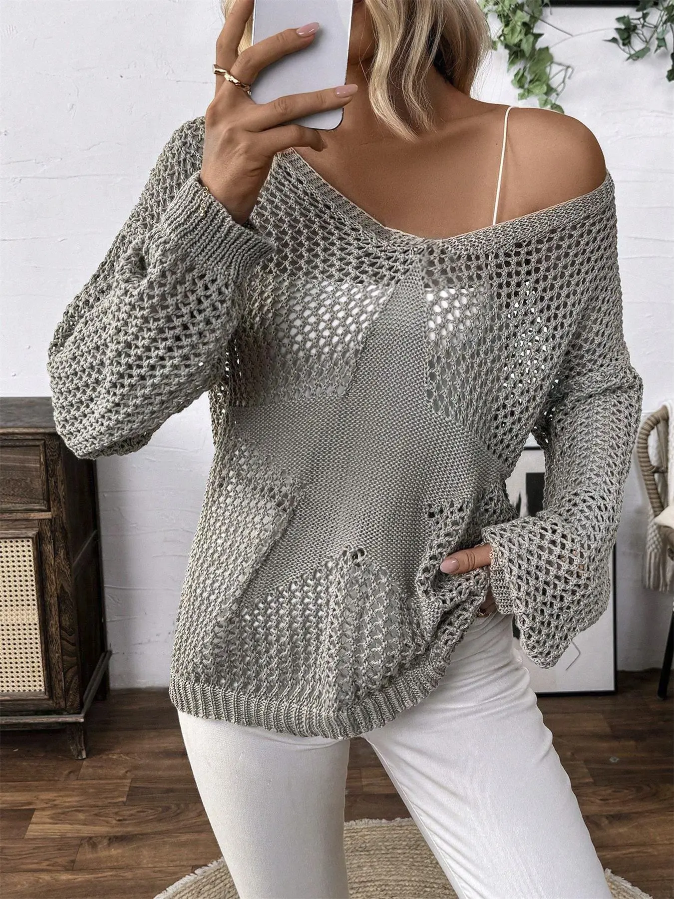 Women's Stylish Star Knit Crew Neck Sweater - Loose Fit - TikTok Shop