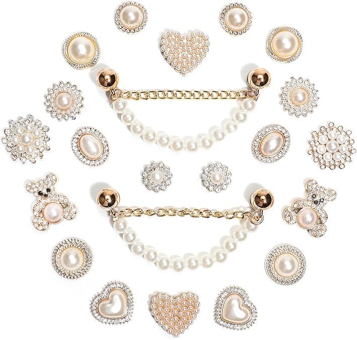 22Pcs Bling Rhinestones Pearls Shoe Charms with 2 Sparkling Shoe Chains ...