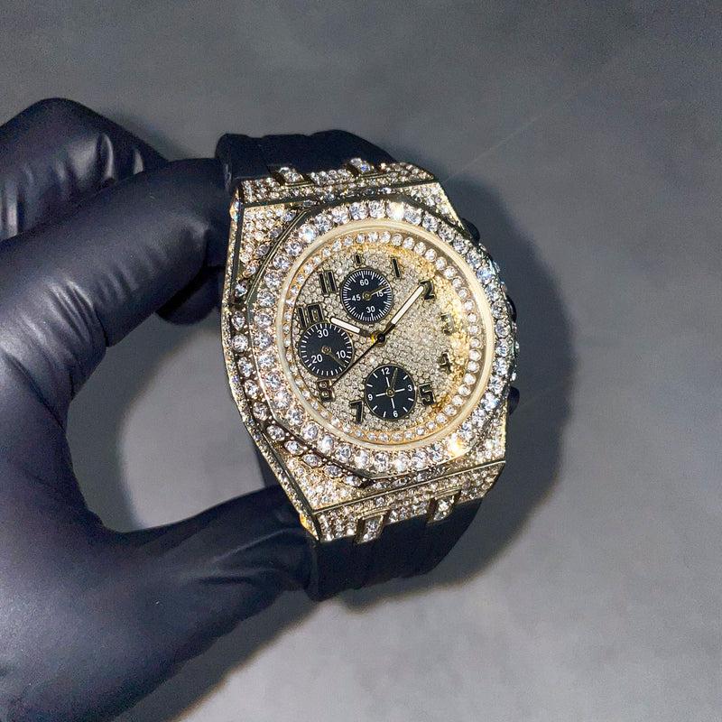 Men Iced Bling Rapper Simulated Diamond Black Silicone Band Luxury ...
