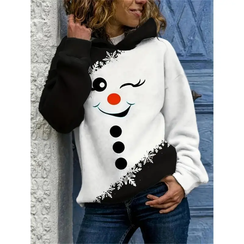 Women's Christmas Snowman Winking with Snowflake Contrast Sleeves Cozy ...