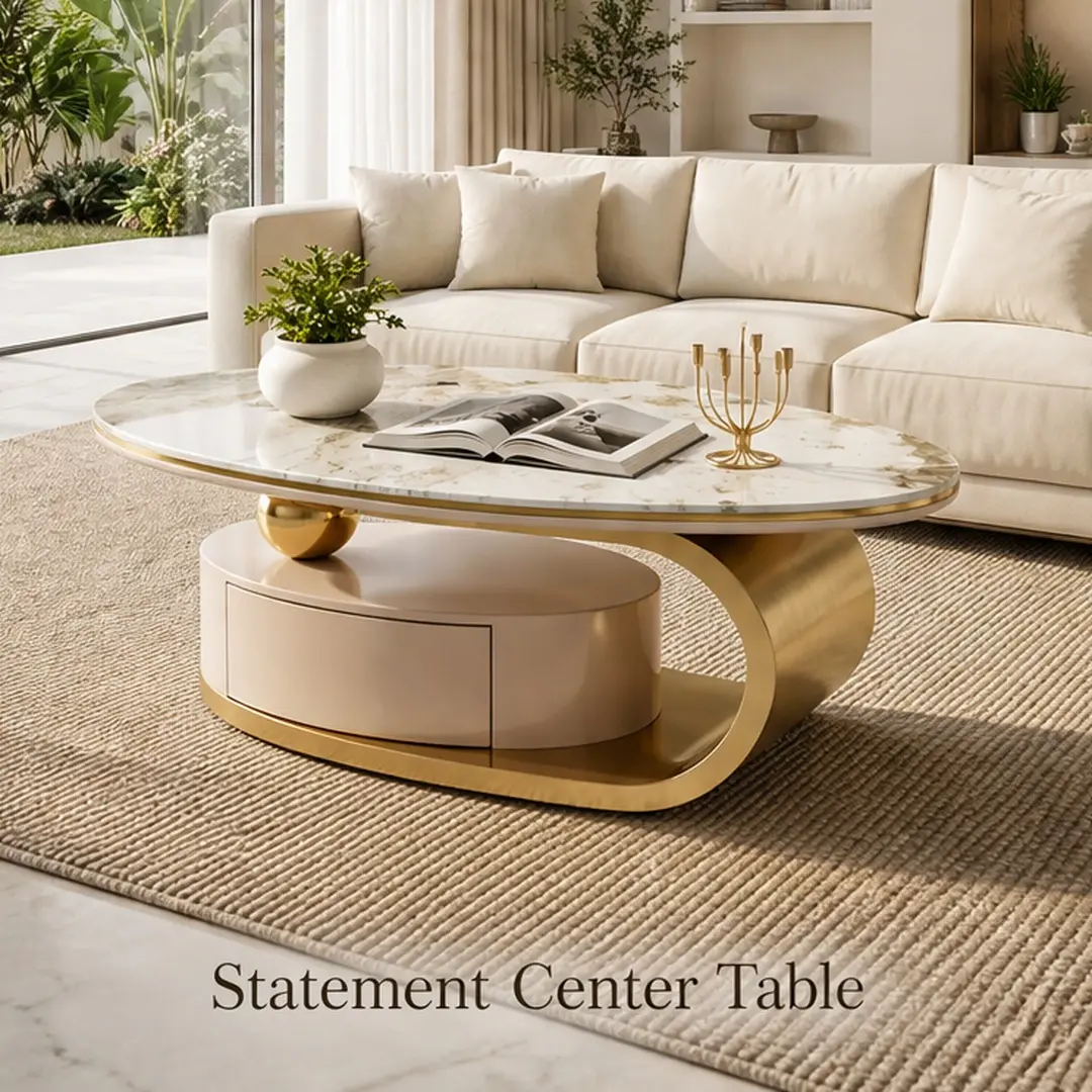 ARCH 51.18" Oval Coffee Table with Drawer, Print Glass Top, Brushed ...