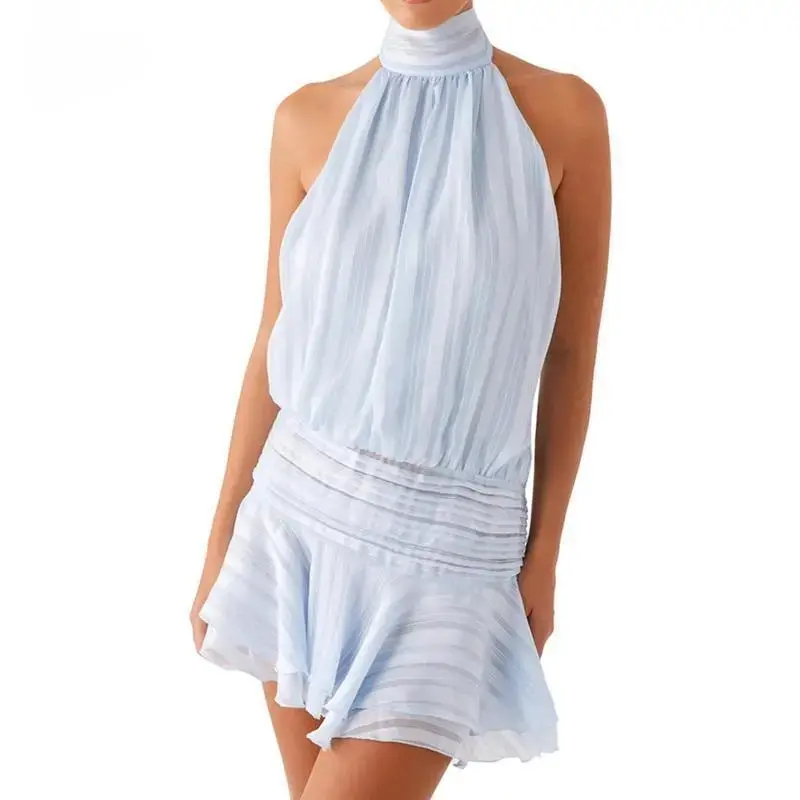 Women Mini Halter Neck Dress Pleated Sleeveless Open Back A-line ...