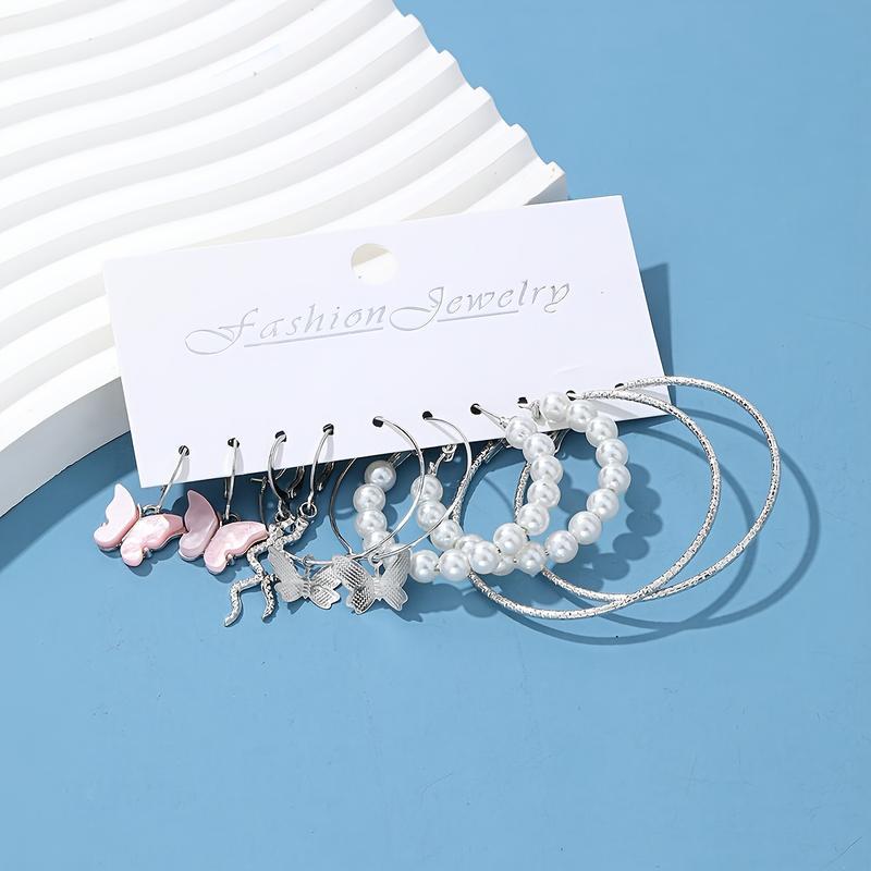 10 Pairs Set Of Hoop Earrings Snake Butterfly Imitation Pearl Design ...