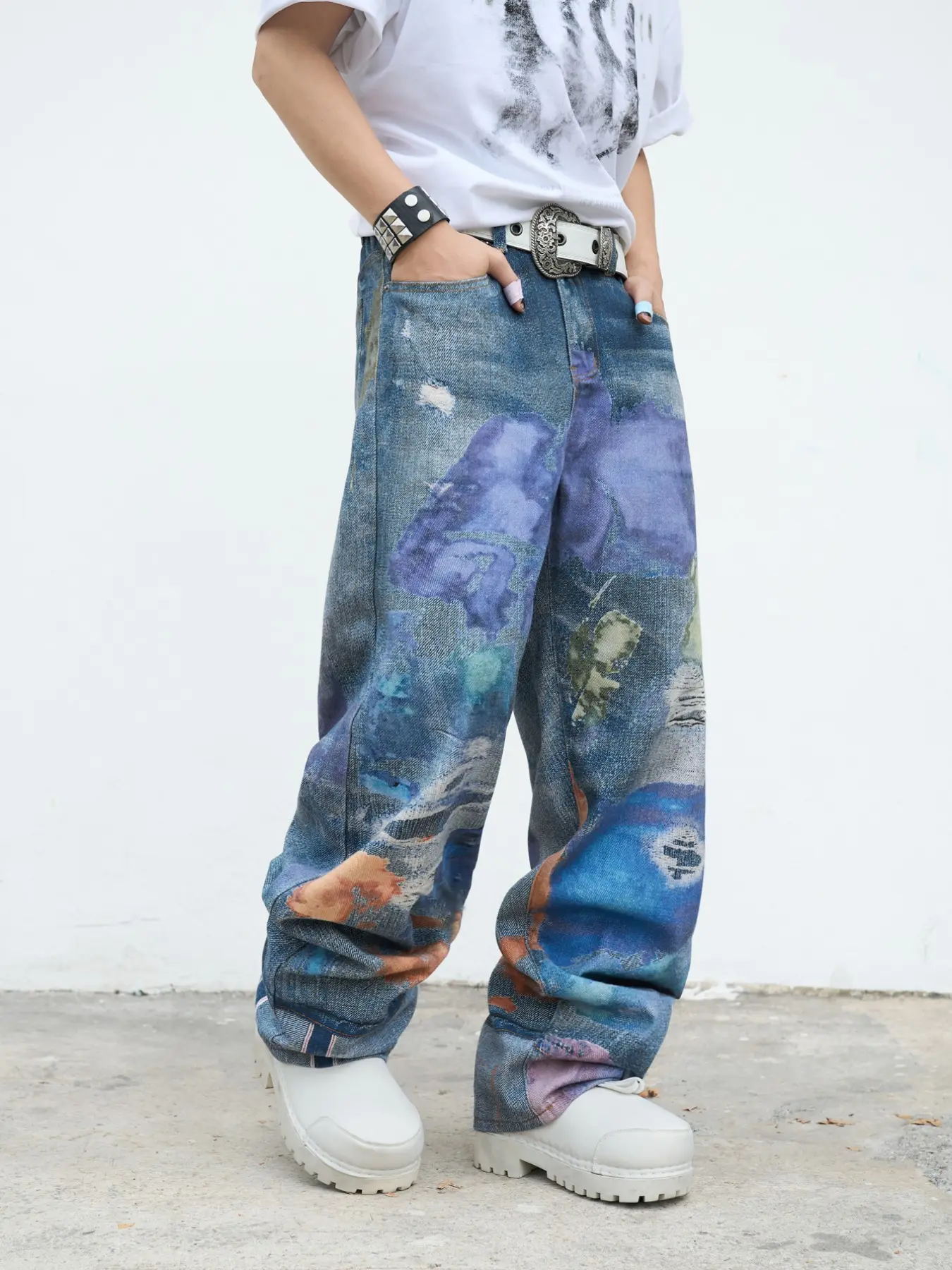 Men's Loose Fit Drop Crotch Wide Leg Pocket Pants, Art Graffiti Print ...