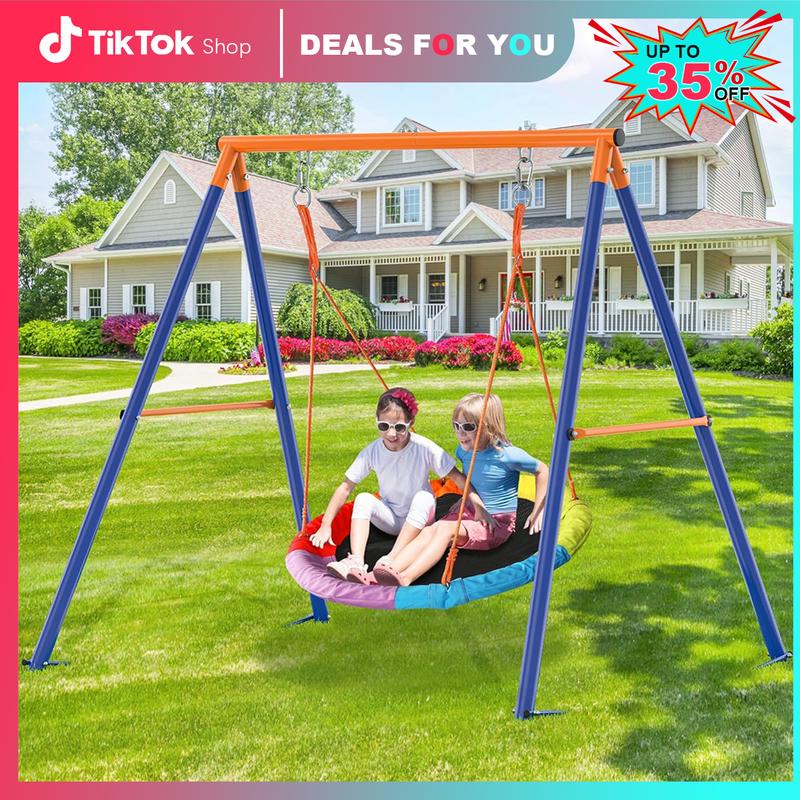 Swing Sets for Backyard, 440lbs Swing Set with Heavy-Duty Metal Frame ...