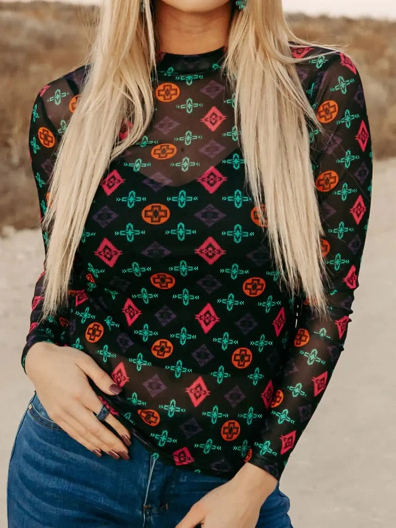Spring Autumn Western Style Aztec Print Mesh Long Sleeve Casual Classy ...