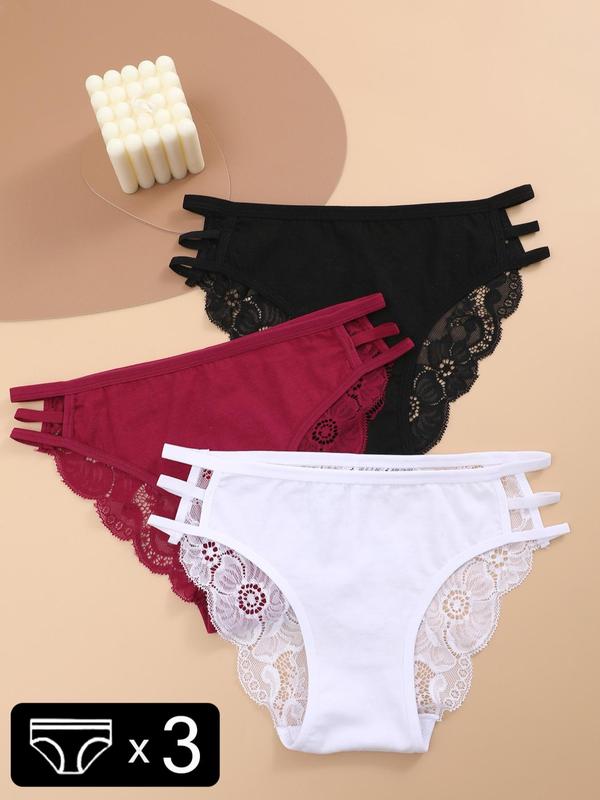 Women's 3pcs Plain Contrast Lace Cut Out Knicker, Soft Comfy - TikTok Shop