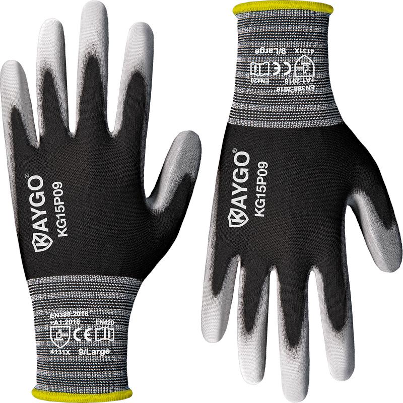 KAYGO Work Gloves PU Coated 12 Pairs, KG15P,Nylon Liner with Flexible ...