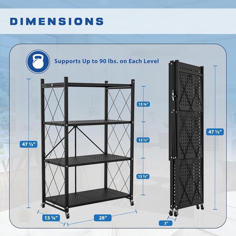 4-Tier Foldable Storage Shelf with Wheels Metal Rack Collapsible ...