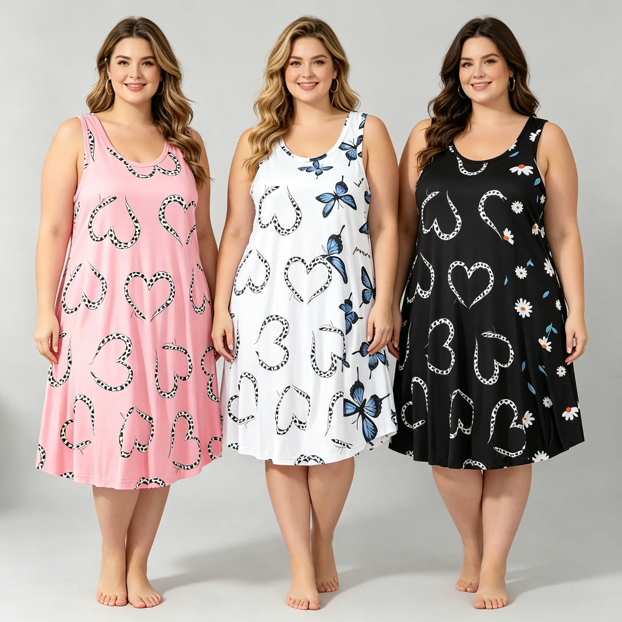 Women's Plus Size 3 Pack Tank Nightgowns, Casual Printed Sleeveless ...