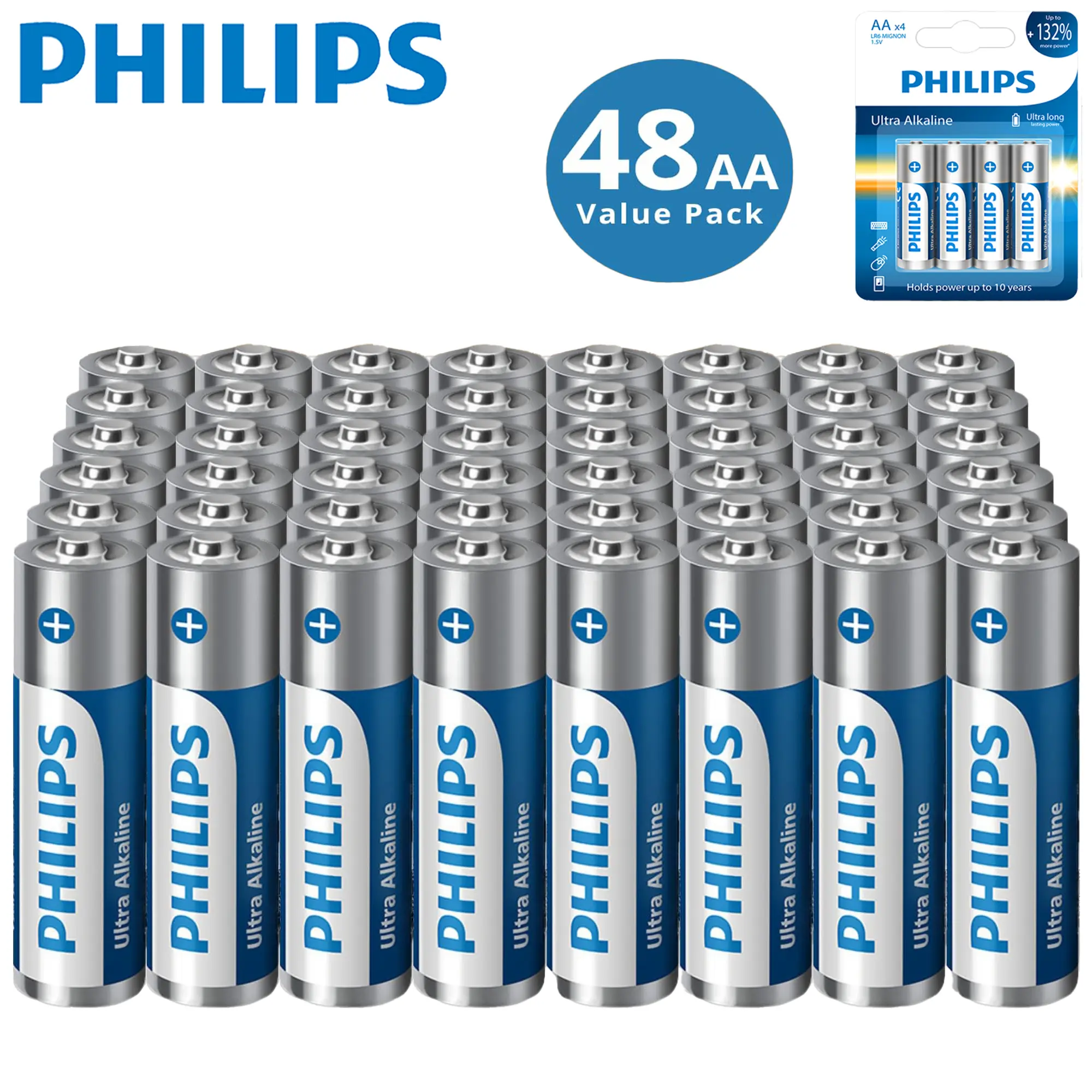 PHILIPS High Energy AA Batteries (48 Pack), Non-Rechargeable Alkaline ...