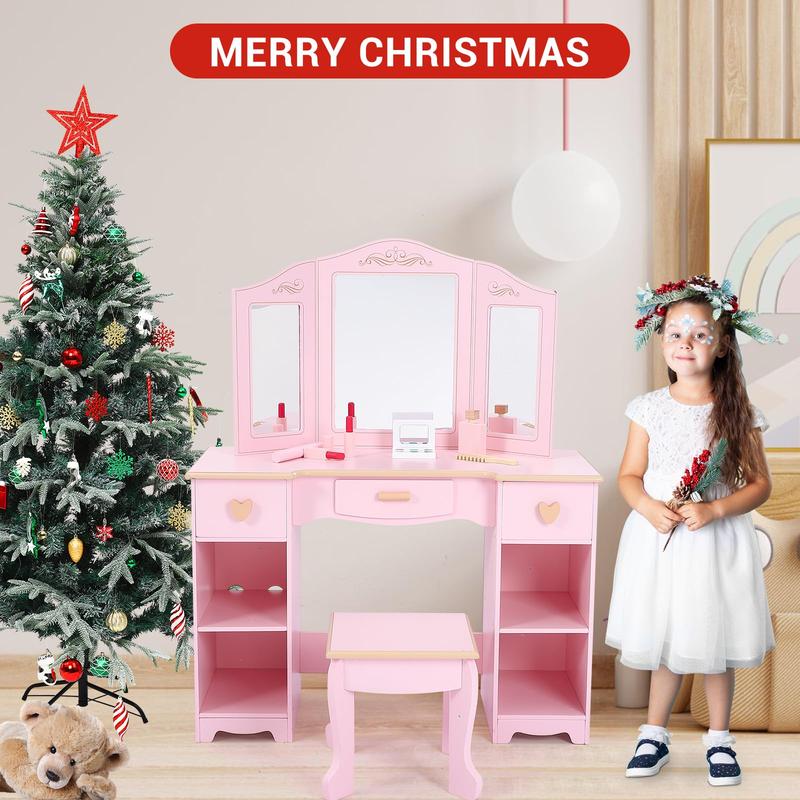 Kids Vanity Set with Tri-Fold Mirror & Stool - Pink Pretend Play Makeup ...