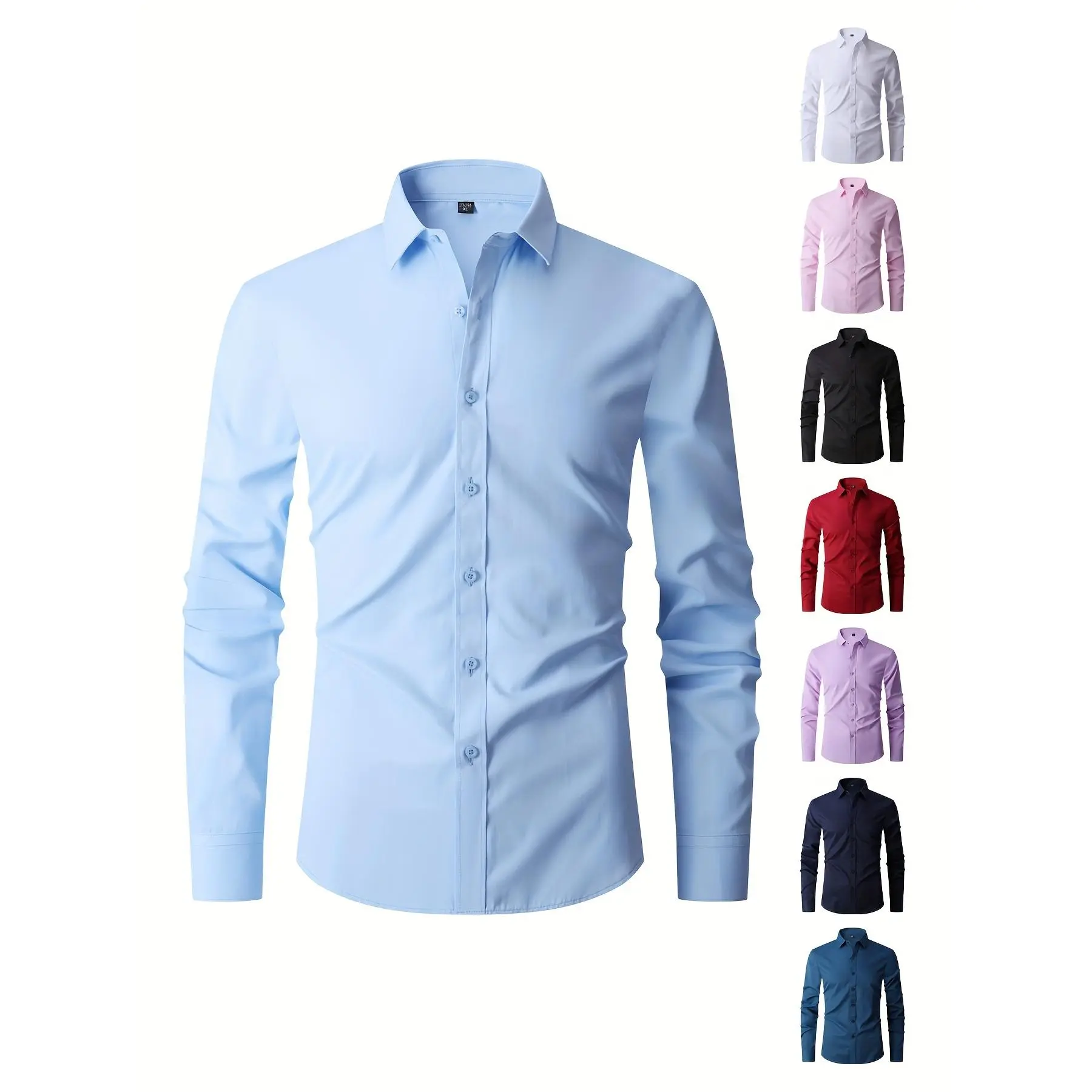 Solid Color Men's Business Slim Fit Long Sleeve Button Up Shirt, Spring ...