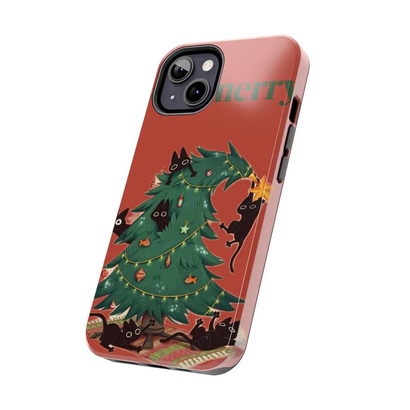 Funny Christmas Cat iPhone Case, Cute Black Cats & Christmas Tree Phone ...