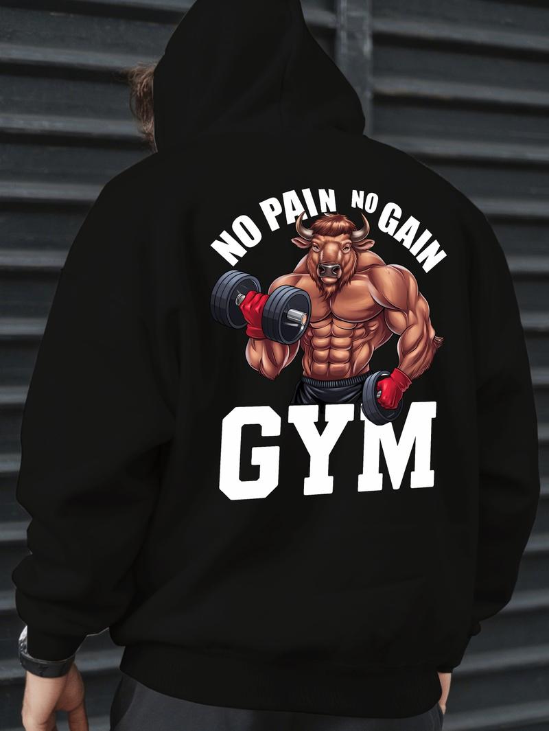 NO PAIN NO GAIN Gym Men's Hoodie Beige Bodybuilder Back Print Muscle ...