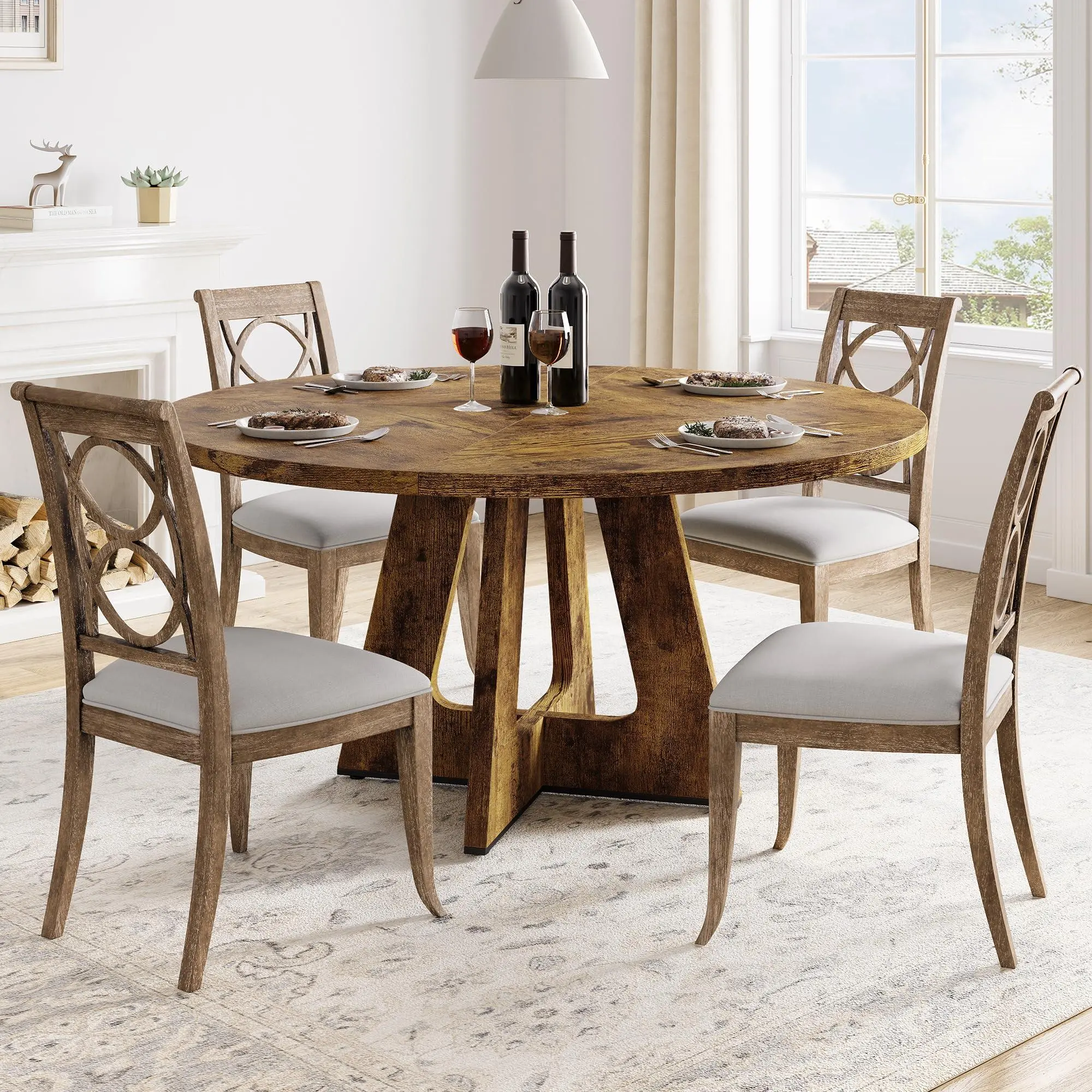 47 Inch Round Dining Table for 4-6 People, Circle Dinner Table with ...