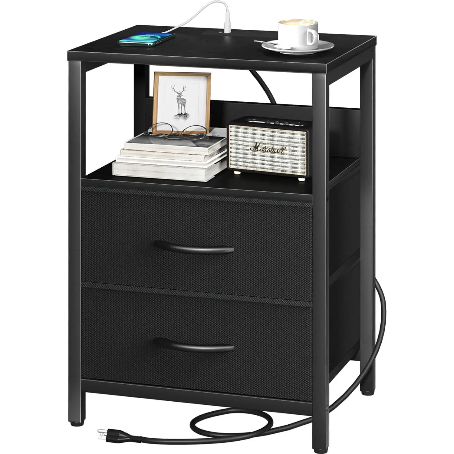 Nightstand with Station, Small Night Stand with Fabric Drawers and ...