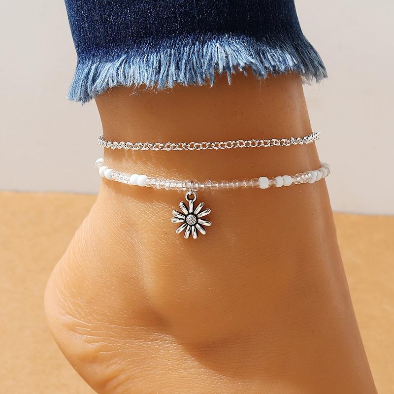 Colorless Anklet Set of 2 with Flower-Shaped Pendant, Adjustable Hollow ...